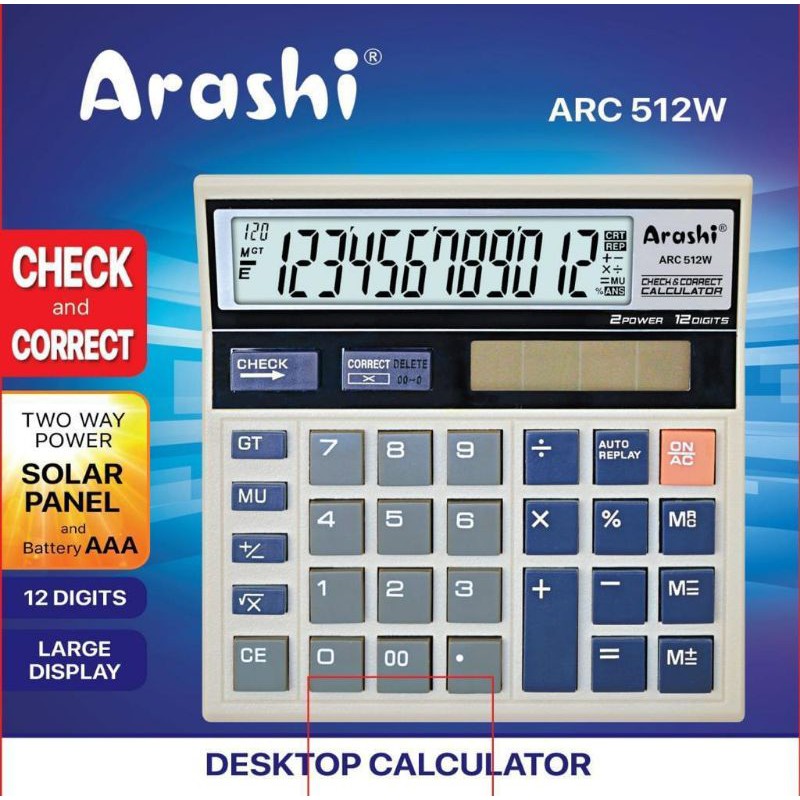 Jual Arashi Desktop Calculator ARC 512W Kalkulator 12 Digit Solar Panel ...
