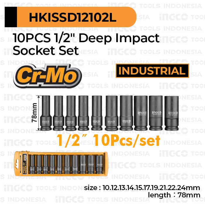 Jual 10-Pcs 1/2" Deep Impact Socket Set (78mm Cr-Mo) INGCO HKISSD12102L - Mata Kunci Sok Soket ...