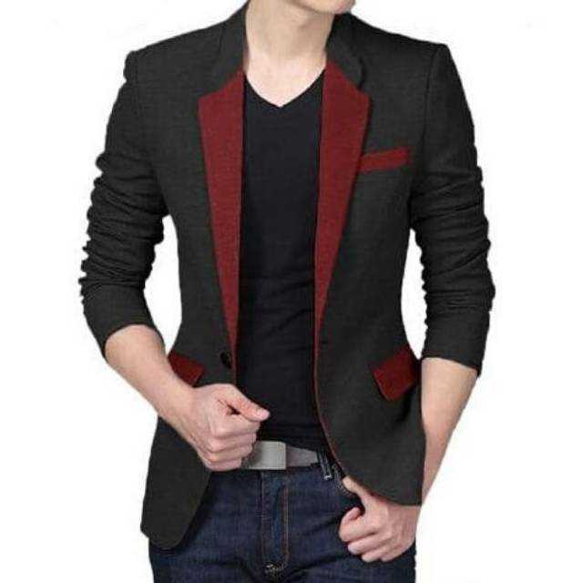 Jual BLAZER PRIA BLACK MAROON - Jas Casual Hitam Kombinasi Merah Cowok ...