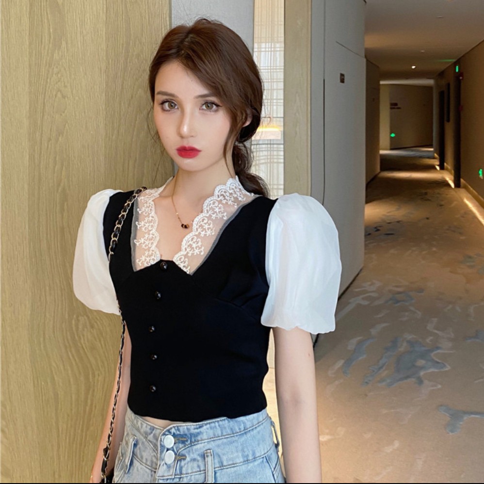 Jual Black Knit Lace Crop 8692 3M | Shopee Indonesia