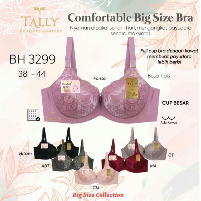 Jual Tally 3299 Bra BH Cup D Jumbo Size Berkawat Kait 4 Busa Tipis - BH ...