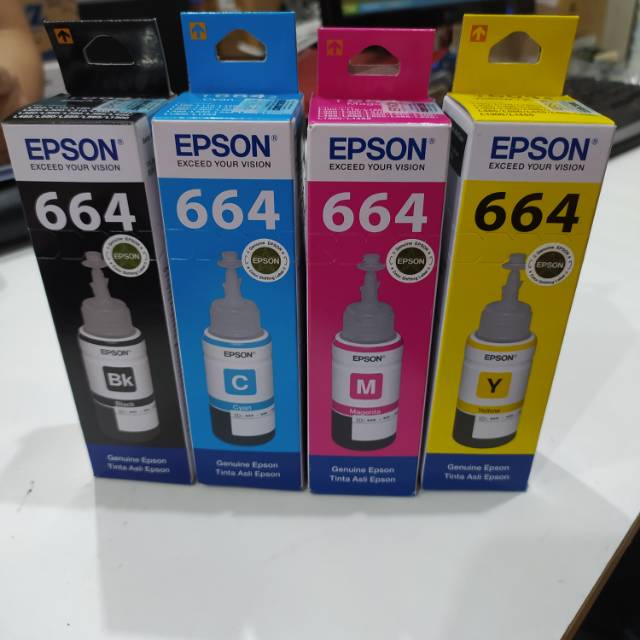 Jual TINTA EPSON ORIGINAL T664 BLACK, CYAN, MAGENTA, YELLOW untuk epson L100 L200 L110 L120 L121 ...