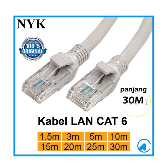 Jual NYK Kabel LAN UTP Cat 6 RJ45, digunakan untuk Internet PC/Laptop/Router wifi - 30 Meter ...