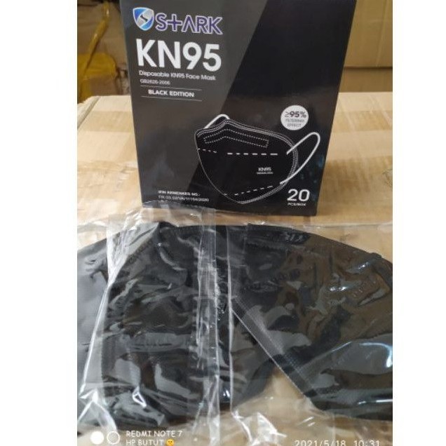 Jual plastik di setiap masker/MASKER KN95 HITAM ORIGINAL 20pcs/box (1pcs masker di packing ...