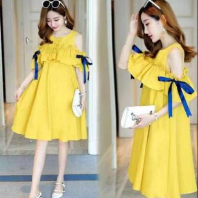 Jual Dress Sabrina warna kuning | Shopee Indonesia