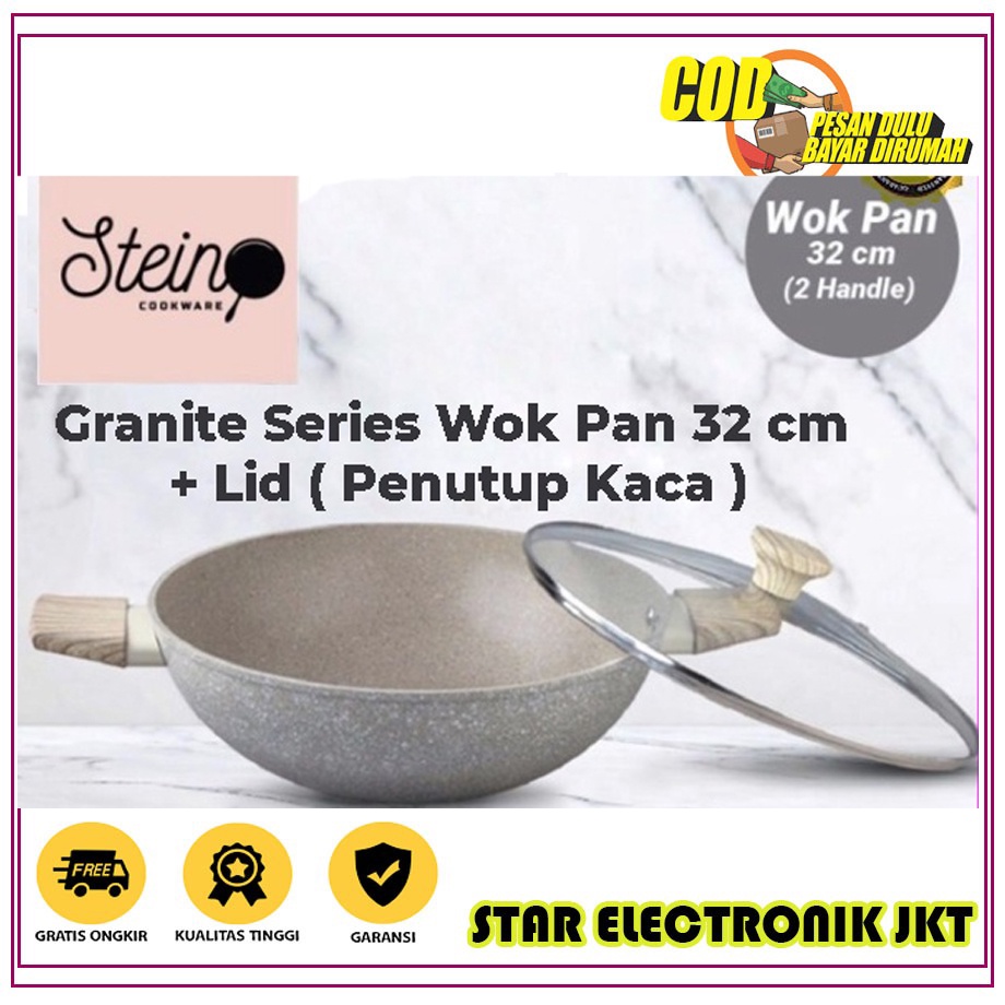 Jual STEIN COOKWARE Granite Series Wok Pan 32 cm + Lid ( Penutup Kaca ) | Shopee Indonesia