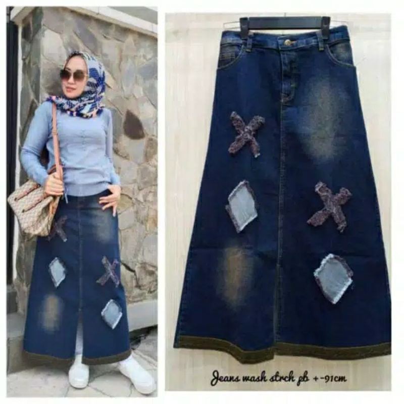 Jual Rok jeans panjang//rok jeans x//rok jeans strect//Rok Jeans Jumbo ...