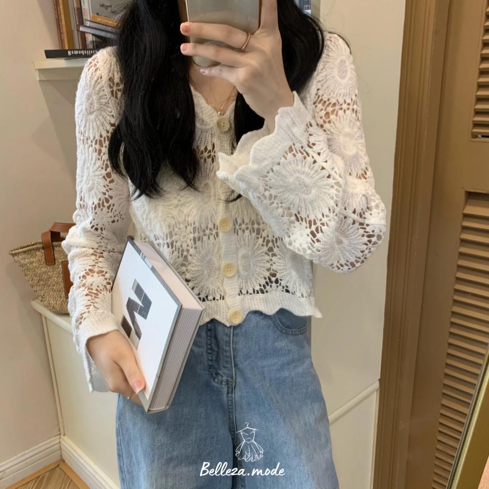 Jual Korean Crochet Cardigan long puffy sleeves top kardigan Korean ...