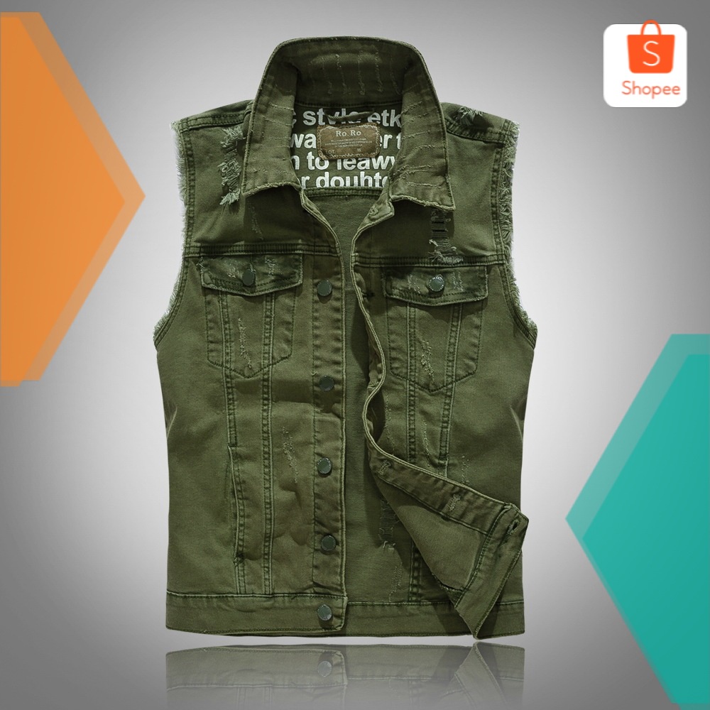 Jual Korea Slim-FIT Pakaian Pria Denim Jaket Denim Rompi Hijau Army ...
