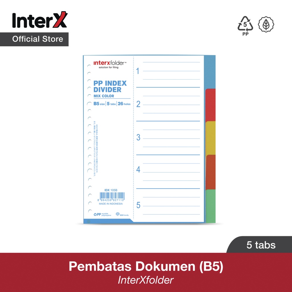 Jual InterX Folder PP Index Divider / Pembatas Binder Warna Warni 5 Tab ...