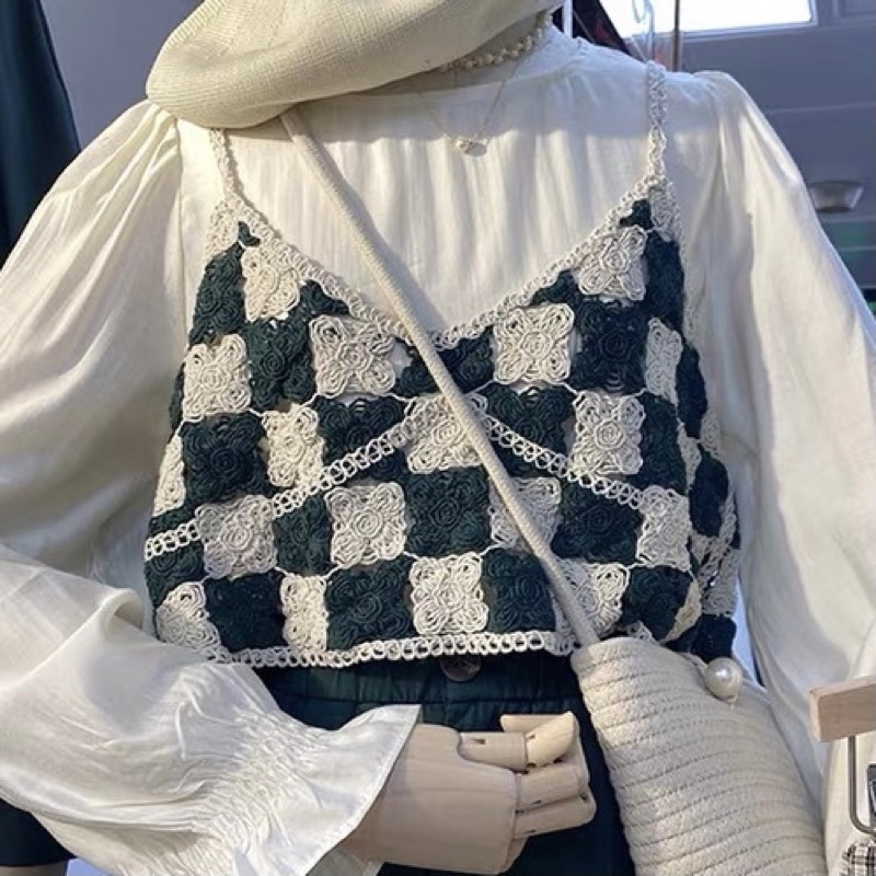 Jual Premium Knit Crop Top atasan wanita rajut blouse korean outfit Korean Sexy Lace Crochet ...