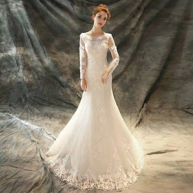 Jual Gaun pengantin gaun pesta pernikahan mermaid putih lengan panjang ...