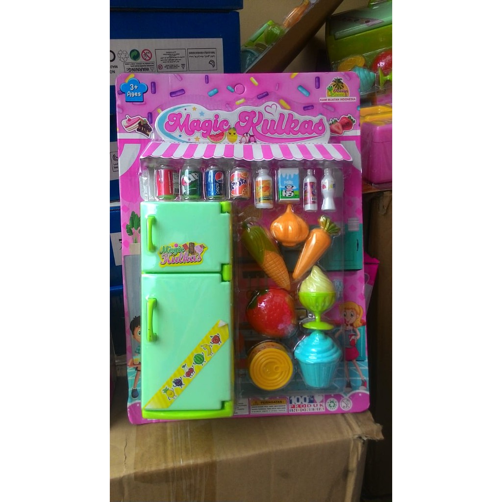 Jual Mainan kulkas set lengkap refrigerator kitchen buah minuman magic ...
