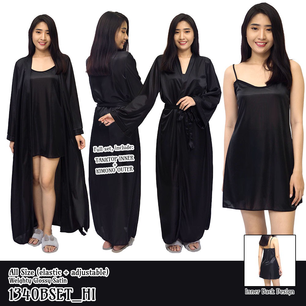 Jual kimono set baju tidur satin SET hitam all size | Shopee Indonesia