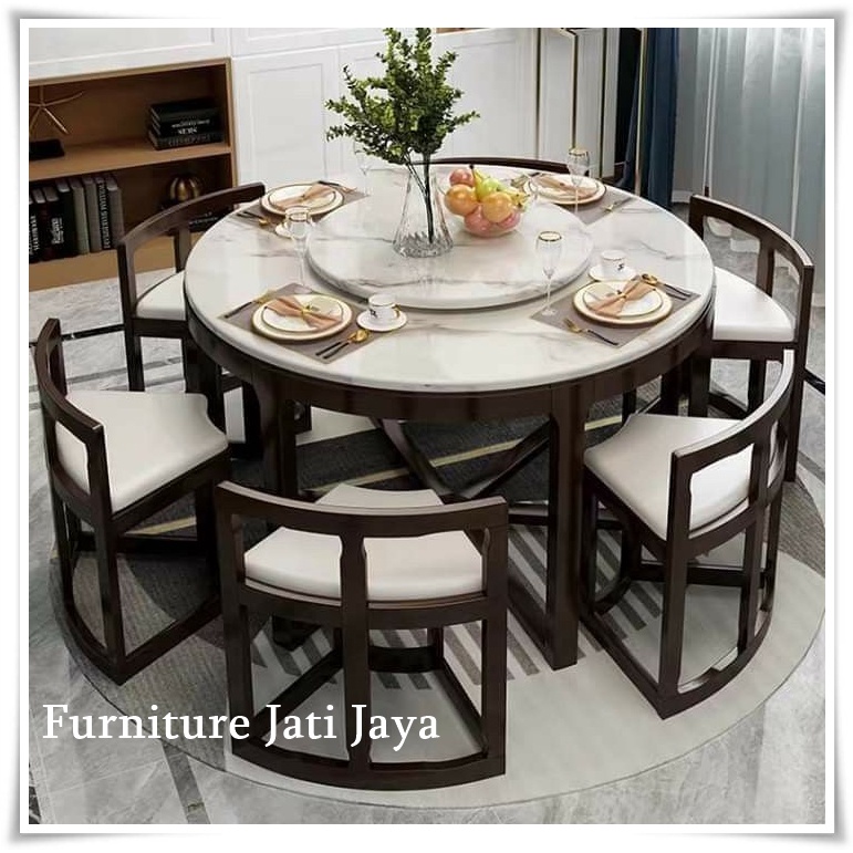 Jual Meja makan lingkar set 6 kursi kayu jati motif marmer jepara ...