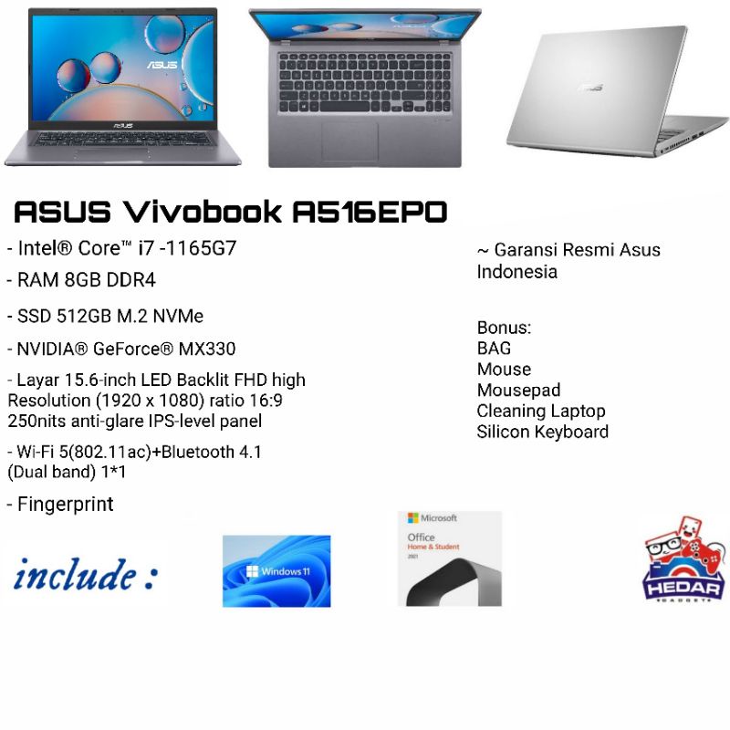Jual Asus Vivobook A516EPO i7 1165G7 8GB 512GB Nvidia Mx330 W11 OHS 15 ...