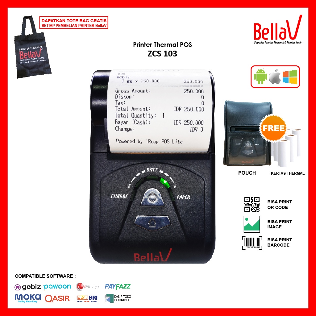 Jual Printer Thermal Bluetooth+USB Kasir POS BellaV ZCS 103 Support Moka Pos, BRILink dan IReap ...