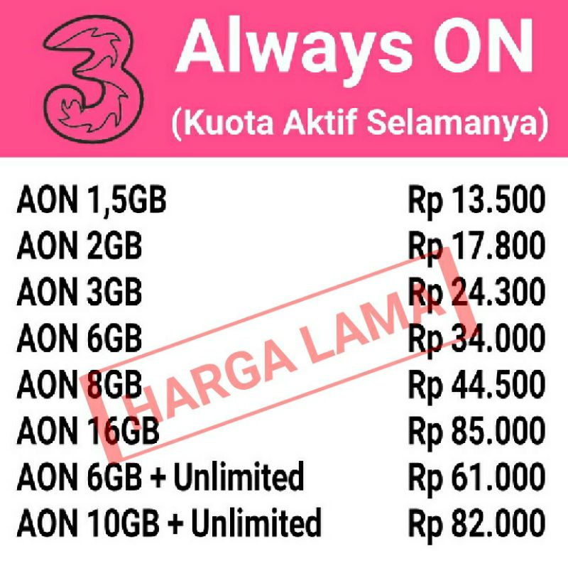 Jual PAKET DATA TRI AON 2,5GB 3,5GB 6GB 9GB 12GB 40GB & UNLIMITED NASIONAL | Shopee Indonesia