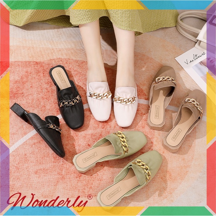 Jual 1301-2 Sepatu Sandal Slop Wanita Wonderly Tali Rantai Sepatu Selop ...