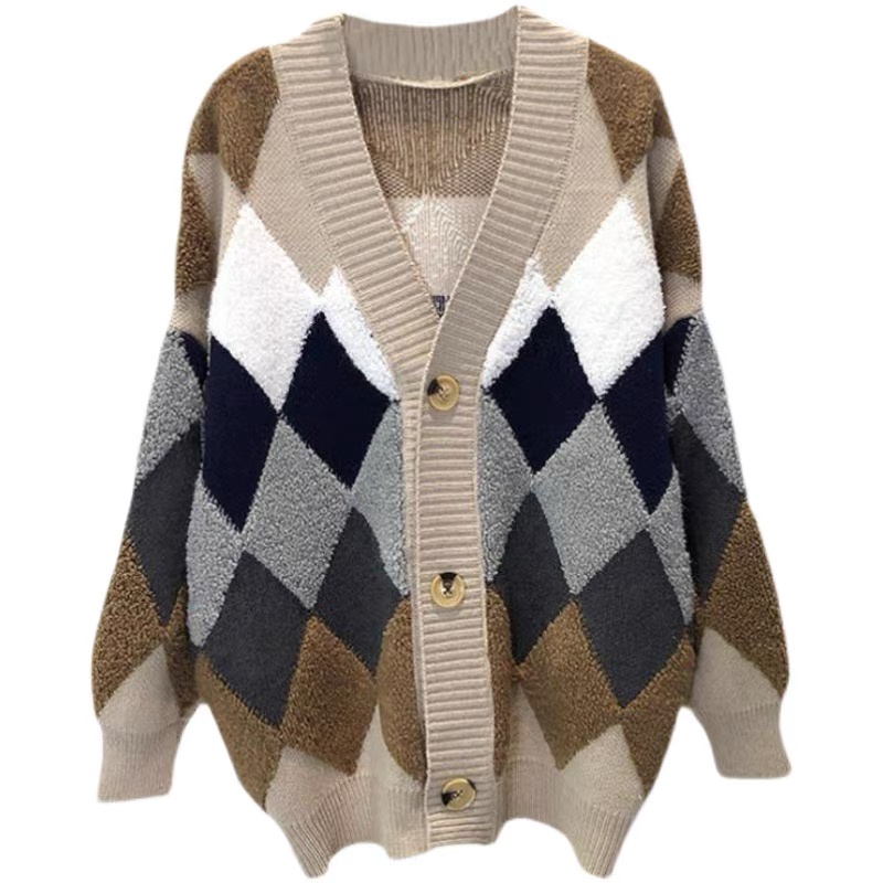 Jual Jaket Sweater Wanita Gaya Korea Retro Atasan Kardigan Rajut Kotak-kotak Berlian Longgar ...
