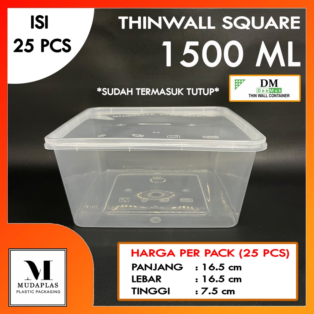 Jual Kotak Makan Plastik 1500 Ml Square Thinwall Dm Isi 25 Pcs 1500ml