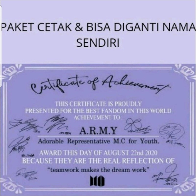Jual Cetak sertifikat ARMY x BTS 10R/A4 + Bingkai | Shopee Indonesia