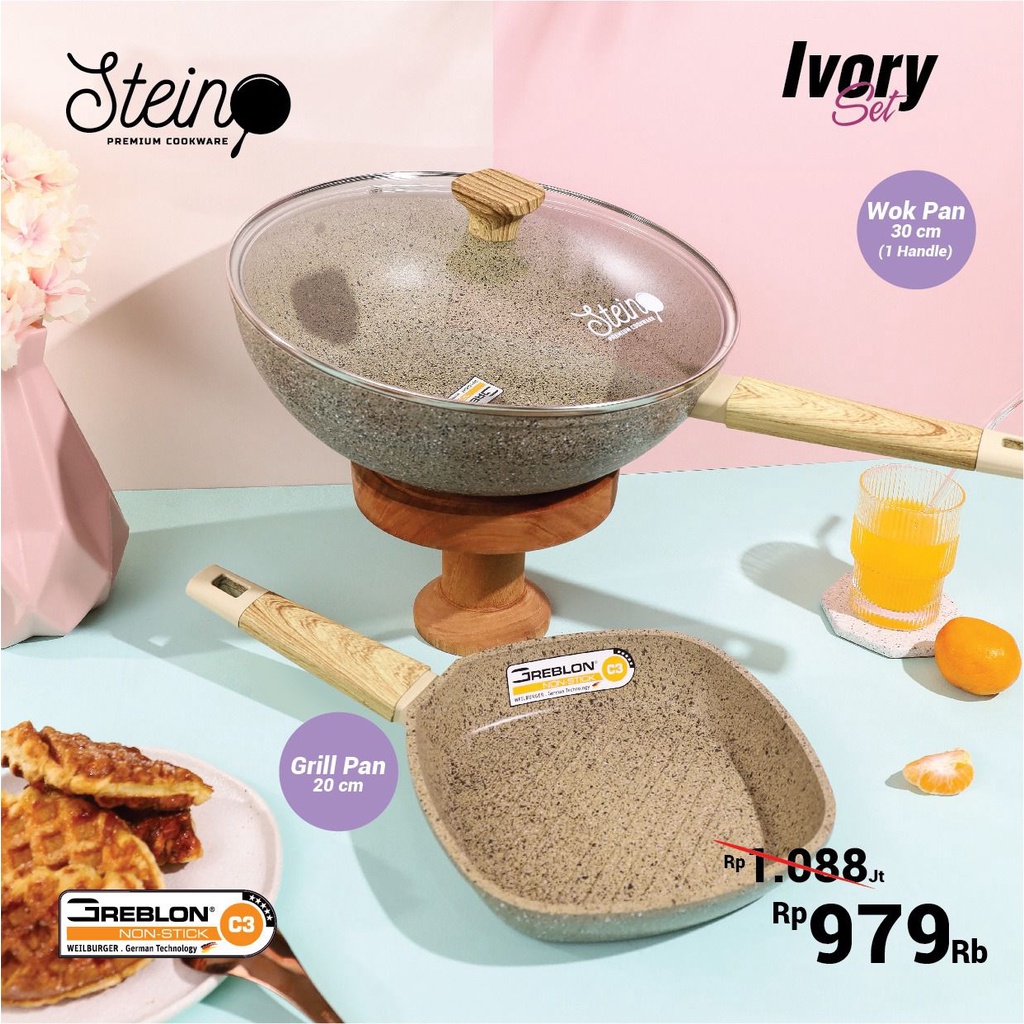 Jual Steincookware Stein Paket Ivory (Wok 30cm + Grillpan 20cm ...