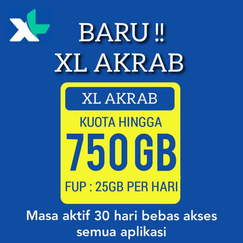 Jual paket XL Akrab kuota UNLI FUP 750GB full 24 jam masa aktif 30 hari pengganti ganti ekstra ...