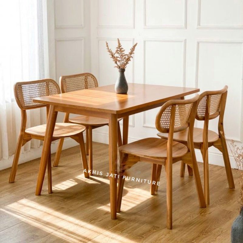 Jual Kursi makan set mix rotan kayu jati solid | Shopee Indonesia