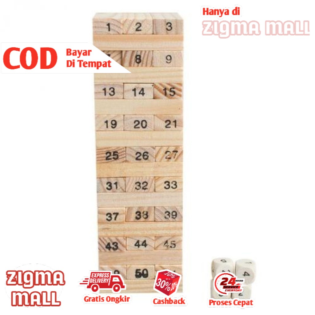 Jual COD Uno Stako Kayu 54 Balok Plus 4 Dadu Permainan Trend Balok ...