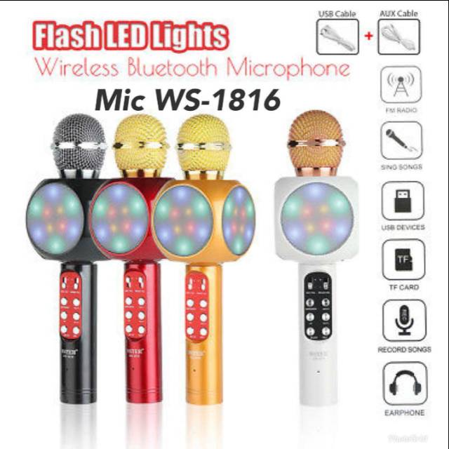 Jual Mic bluetooth WS 1816 wireless karaoke microphone with lampu LED | Shopee Indonesia