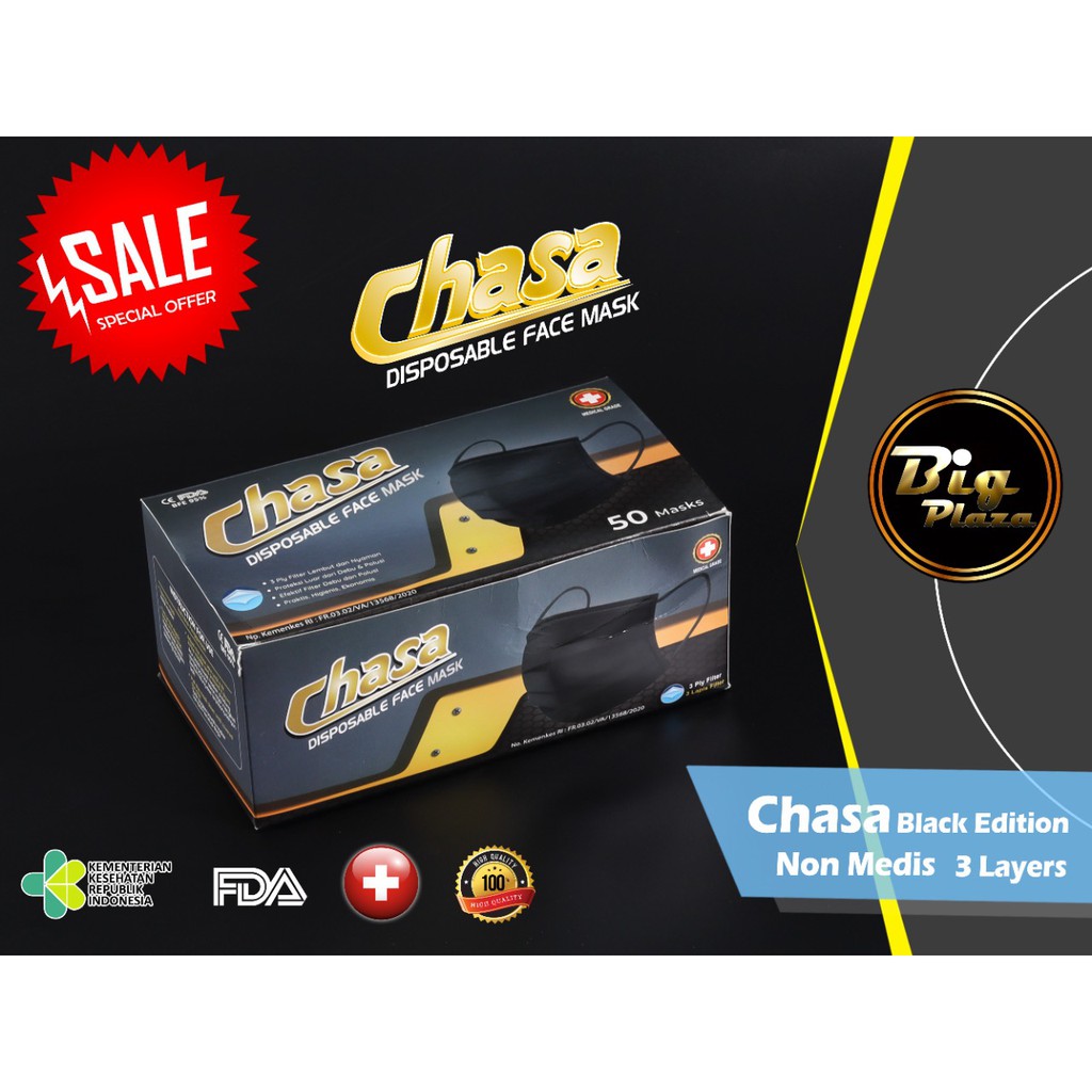 Jual Chasa Black Earloop Masker Hitam 3ply Earloop isi 50 Pcs Chasa ...