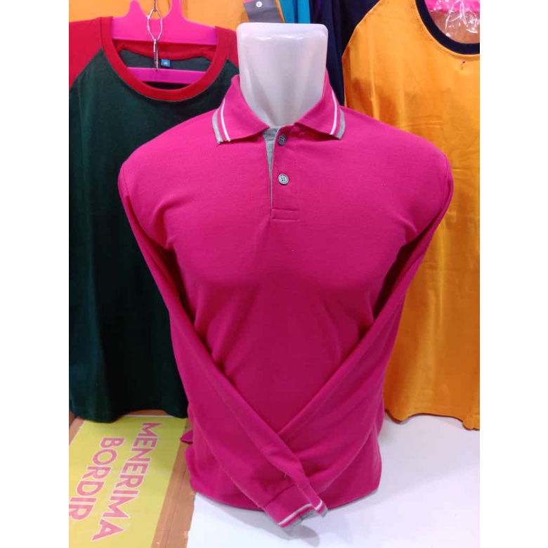 Jual baju kaos polos kerah lengan panjang pria wanita warna pink fanta | Shopee Indonesia