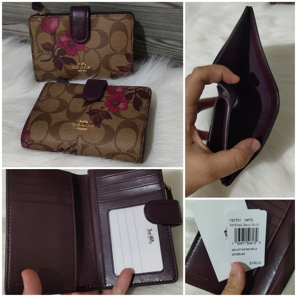 Jual COACH Medium Zip Corner Wallet. Floral Sign Khaki Berry Original ...