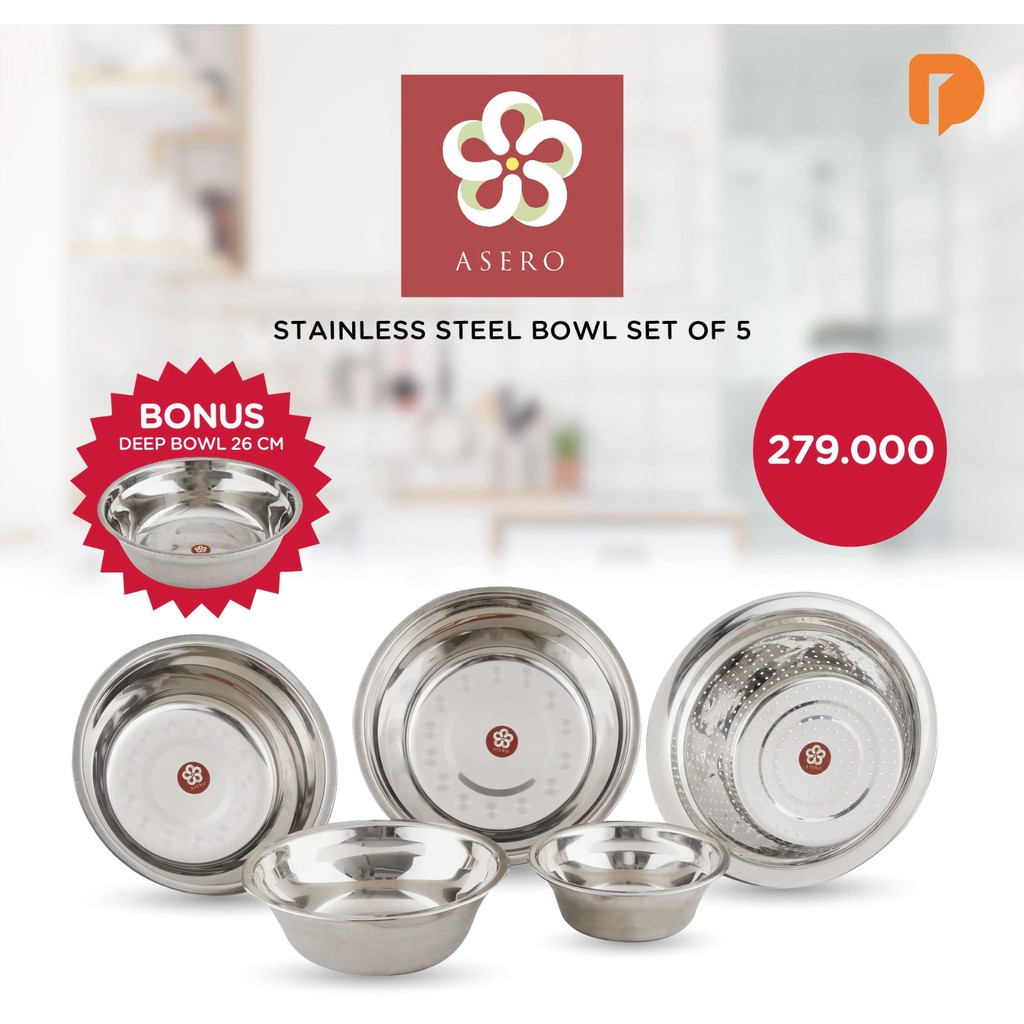 Jual Asero Stainless Steel Bowl set of 5 | Mangkok Set Stainless ...