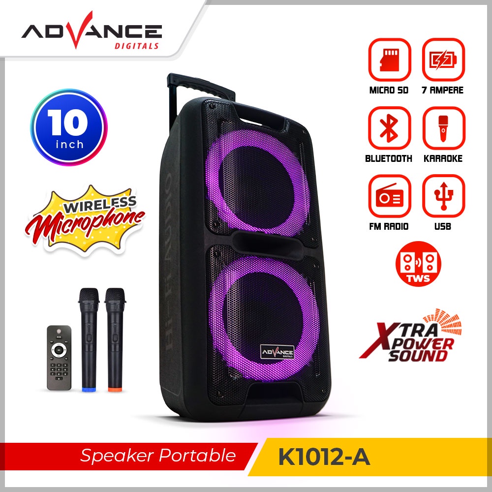 Jual Speaker Bluetooth Portable Wireless Advance K-1012A Dual 10 Inch + 2 Pc Microphone Garansi ...