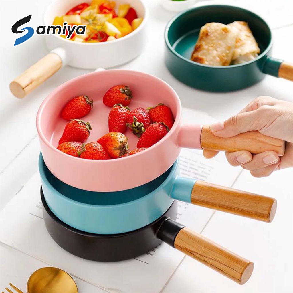 Jual ceramic bowl korea wooden handle 420ml / piring mangkok saji salad ...