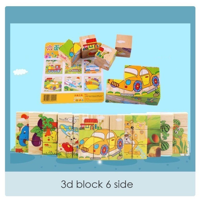 Jual Mudah Tcj - Puzzle Balok Kayu 6 In 1 - 3D Block Kayu 6 Sisi Gambar ...