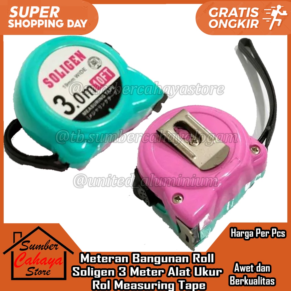 Jual Soligen Meteran Bangunan Roll 3.0 M Measuring Tape Warna Pink ...