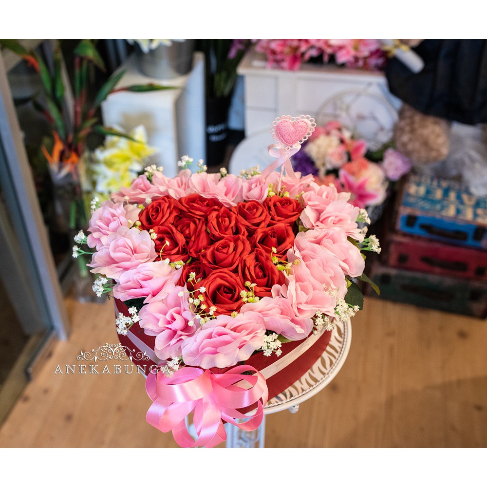 Jual Artificial Flower Box Love Bunga Mawar Plastik Merah Pink Kotak ...