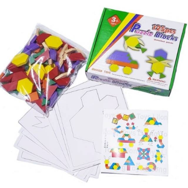 Jual 125 pcs Puzzle block / balok susun/ puzzle kayu / tangram / balok ...