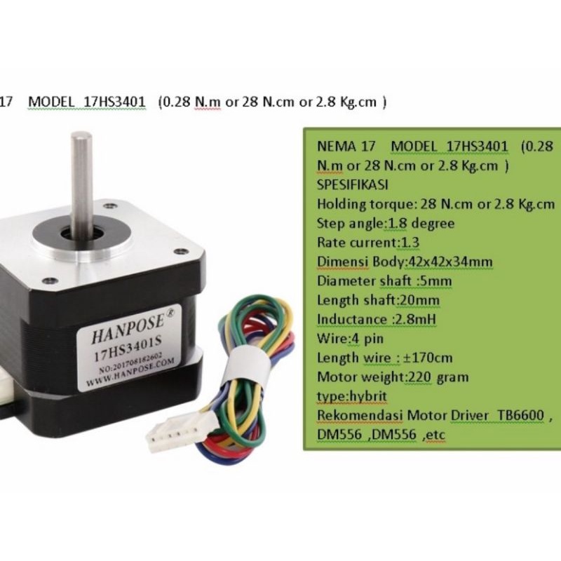 Jual stepper motor Nema 17 17hs3401 promo stepper motor 1.3 A high ...