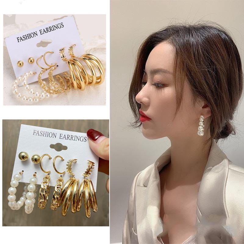 Jual 6 PASANG ANTING BULAT BESAR MUTIARA ANTING HOOPS HIJAB KOREAN ...