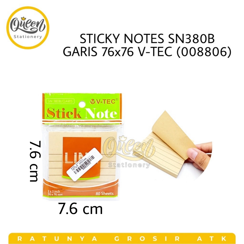 Jual 1 PAD (80 LEMBAR) STICKY NOTES SN380B GARIS 76X76 V-TEC / MEMO ...