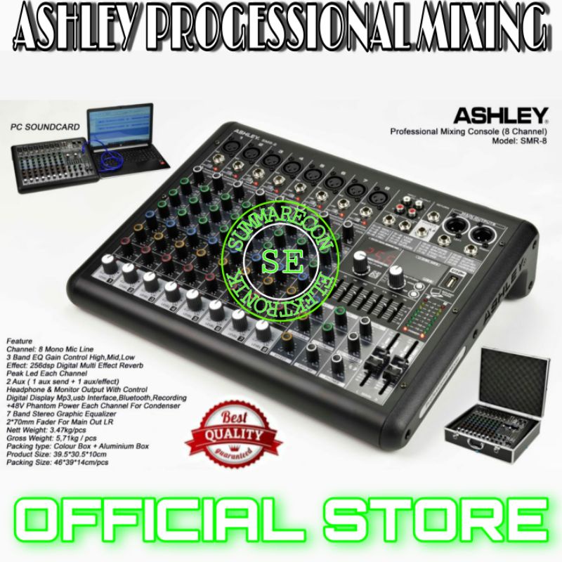Jual mixer audio 8 channel original ashley smr 8 usb bluetooth recording | Shopee Indonesia