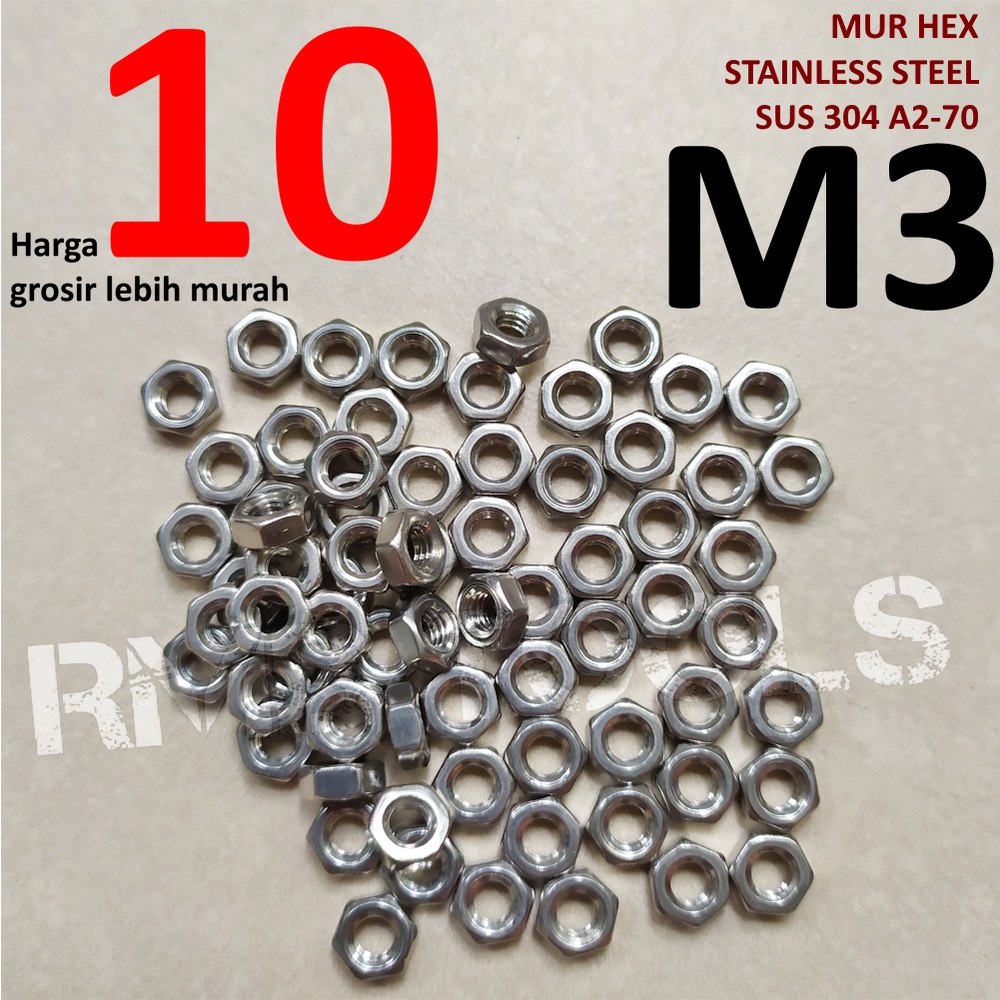 Jual [10PCS] MUR HEX M3 STAINLESS STEEL SUS 304 GRADE 304 BRAND THE PITCH 0.50MM | Shopee Indonesia