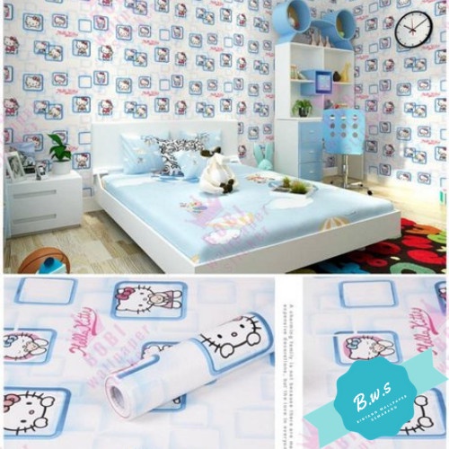Jual Wallpaper Sticker Motif Hello Kitty Kotak Biru Panjang 8/9M X Lebar 45CM | Shopee Indonesia
