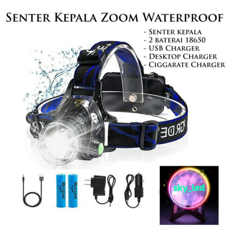 Jual Senter Kepala LED Zoom Super Terang Headlamp LED Cree XML T6 (senter kepala+baterai+chas ...