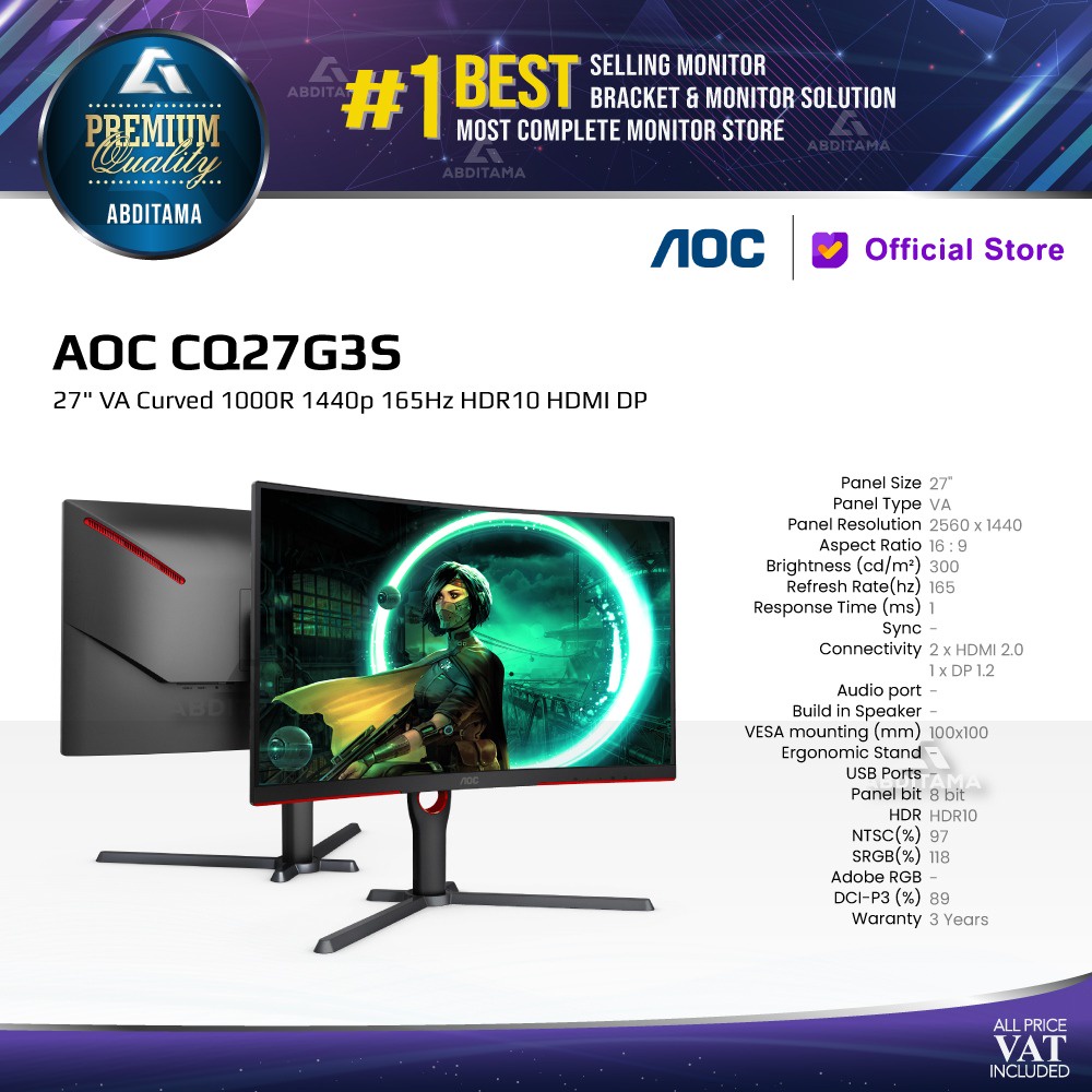 Jual Monitor LED AOC CQ27G3S 27" VA Curved 1000R 1440p 165Hz HDR10 HDMI ...