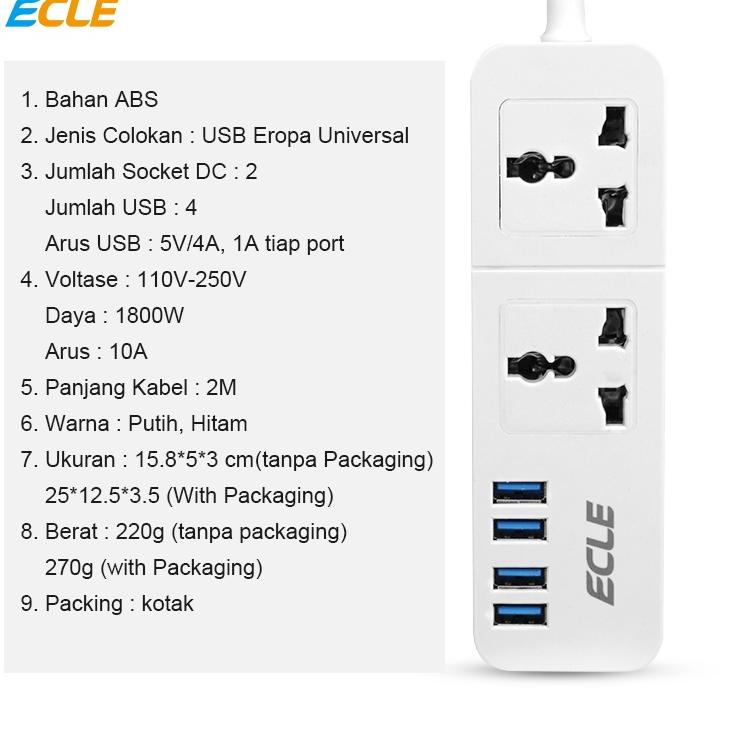 Jual New Stock (HOT) ECLE Original Power Strip Stop Kontak Colokan Listrik 2 Power Socket 4 ...